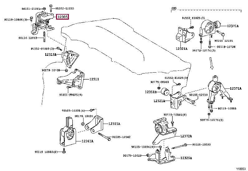 INSULATOR SUB-ASSY, ENGINE MOUNTING, RH 12305-37110 (номер toyota ...