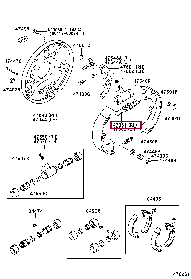 STRUT SET, PARKING BRAKE SHOE, RH 47061-20020 (номер toyota 4706120020)