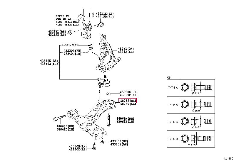 ARM SUB-ASSY, FRONT SUSPENSION, LOWER NO.1 RH 48068-10130 (номер toyota ...