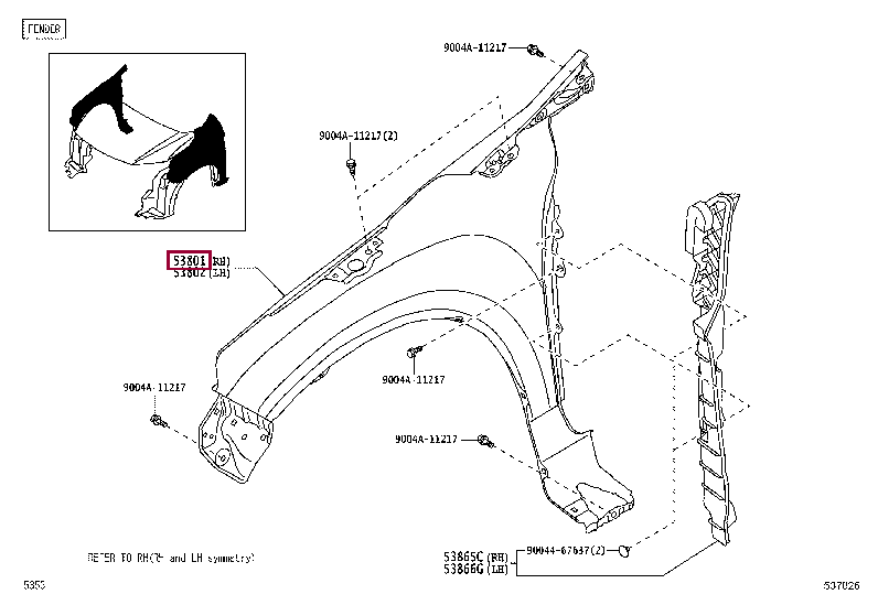FENDER SUB-ASSY, FRONT RH 53811-BZ580 (номер toyota 53811BZ580)