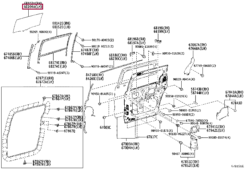 GLASS SUB-ASSY, SLIDE DOOR, LH 68104-08010 (номер toyota 6810408010)