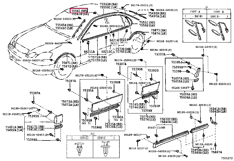 CLIP, ROOF DRIP SIDE FINISH MOULDING, LH 75561-30090 (номер toyota ...