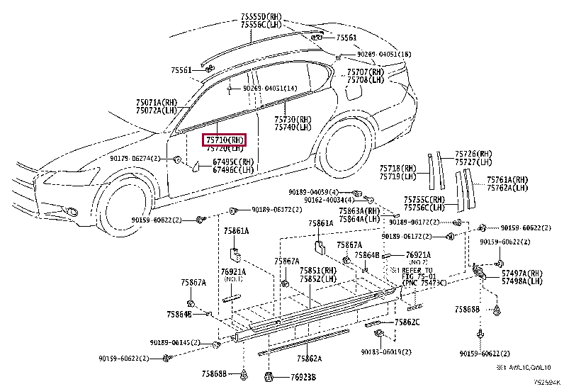 MOULDING ASSY, FRONT DOOR BELT, RH 75710-30510 (номер toyota 7571030510)