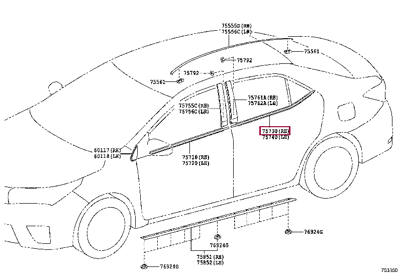 MOULDING ASSY, REAR DOOR BELT, RH 75730-12360 (номер toyota 7573012360)