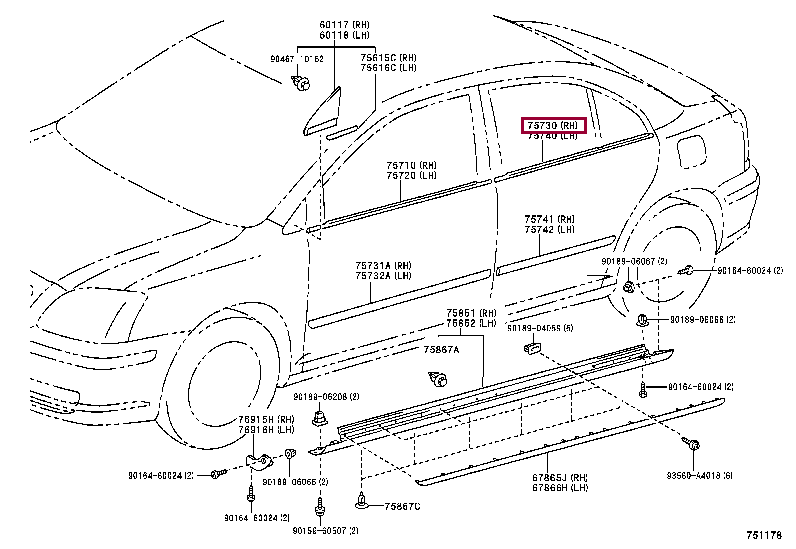 MOULDING ASSY, REAR DOOR BELT, RH 75730-20291 (номер toyota 7573020291)