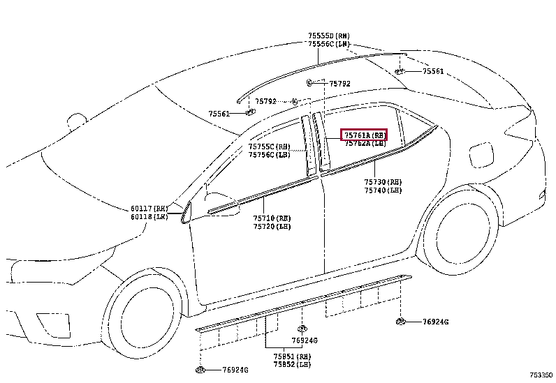MOULDING, REAR DOOR WINDOW FRAME, FRONT RH 75761-02040 (номер toyota ...
