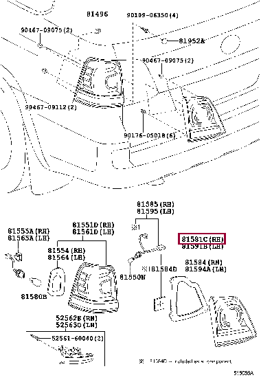 LENS AND BODY, REAR LAMP, RH 81580-60190 (номер toyota 8158060190)